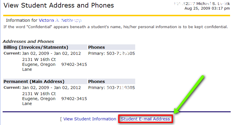 View Student Address and Phones